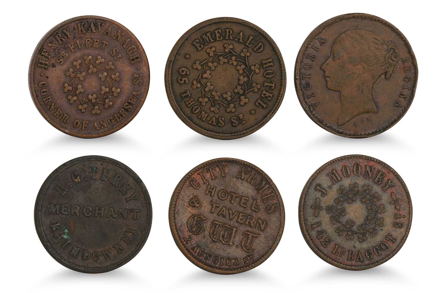 Lot 389 - 1800s 6 X VICTORIA 1/4d COPPER IRISH TOKENS: