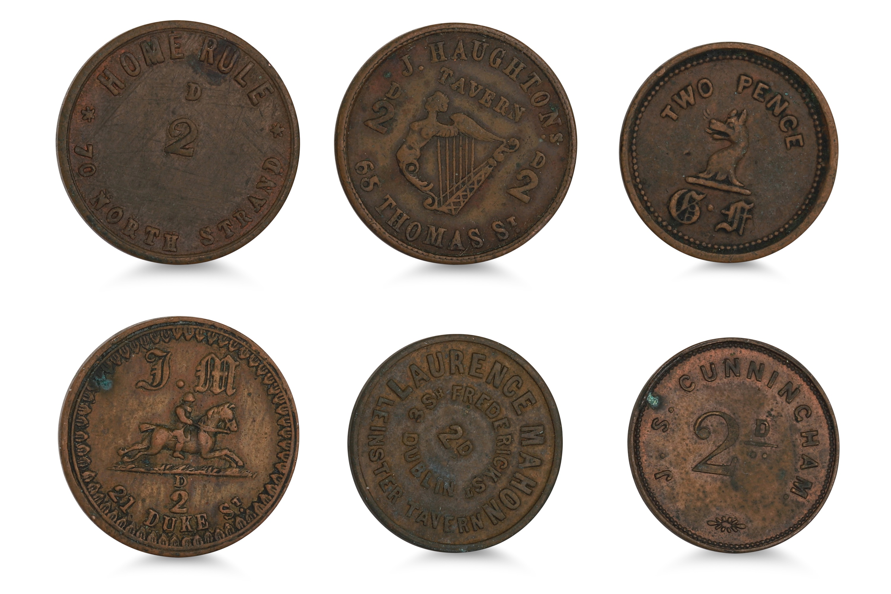 Lot 390 - 1800s 6 X VICTORIA 2d COPPER IRISH TOKENS: