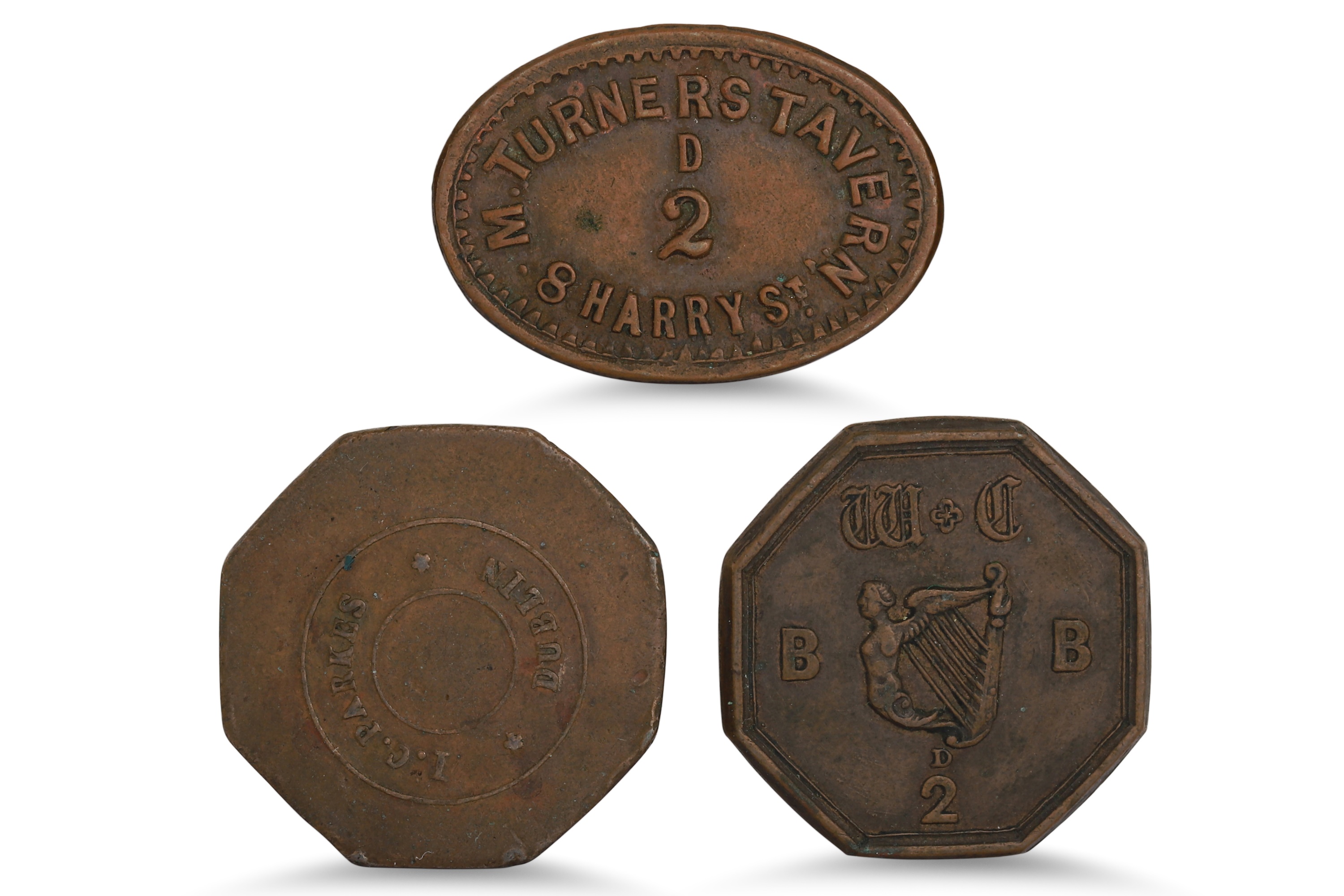 Lot 392 - 1800s 5 x COPPER 2d Octogon IRISH TOKENS;