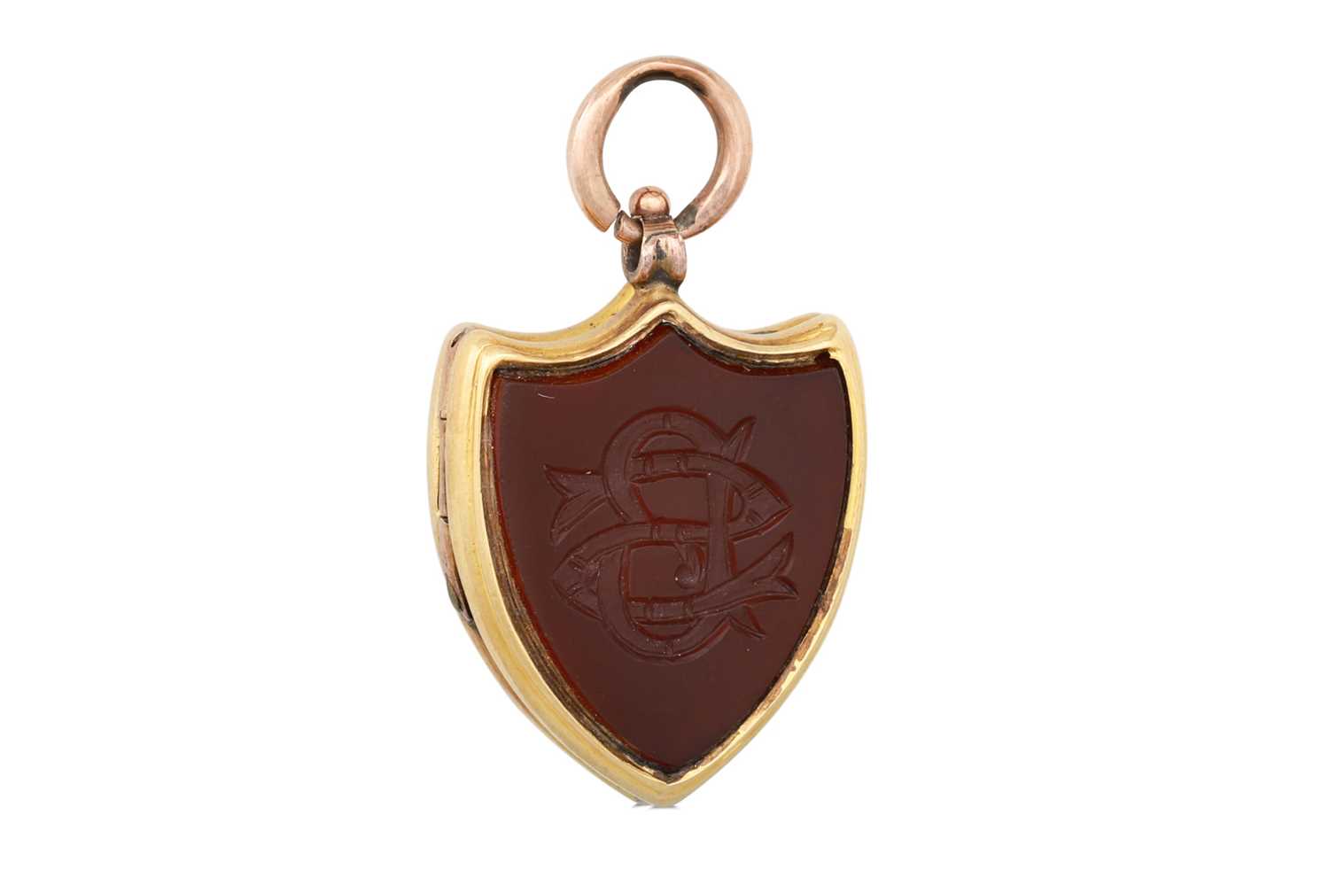 Lot 178 - AN ANTIQUE 18CT GOLD SHIELD SHAPED FOB, set