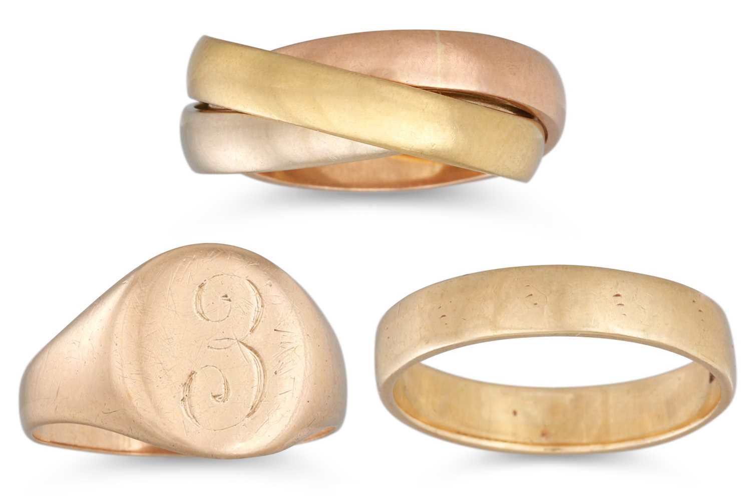 Lot 250 - THREE 9CT GOLD RINGS, 12.8 g. Sizes: J-K, L,