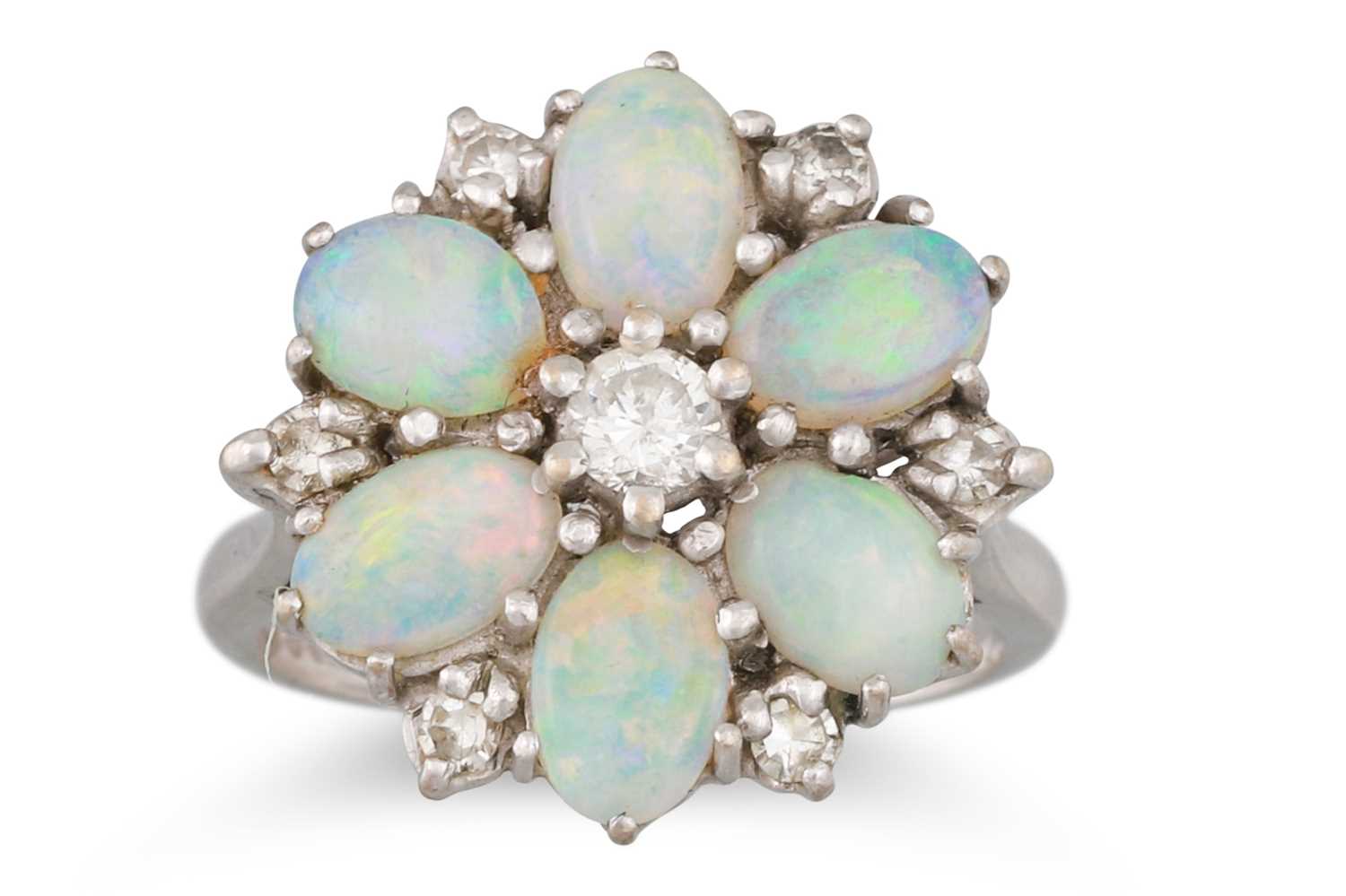 Lot 196 - A WATER OPAL AND DIAMOND CLUSTER RING,