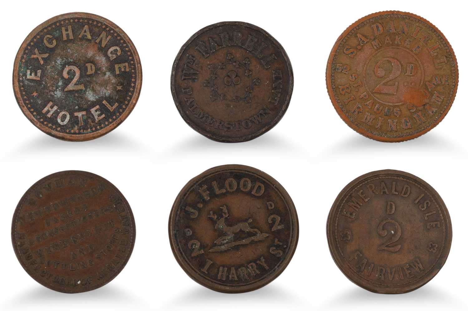 Lot 380 - 1800s 6 X DUBLIN TAV TOKENS SMALL 2d; Union