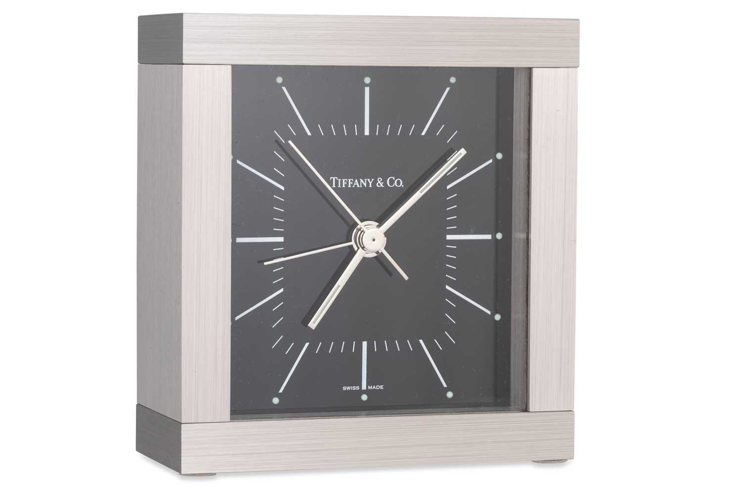 Lot 402 - A STAINLESS STEEL TIFFANY & CO TABLE CLOCK,