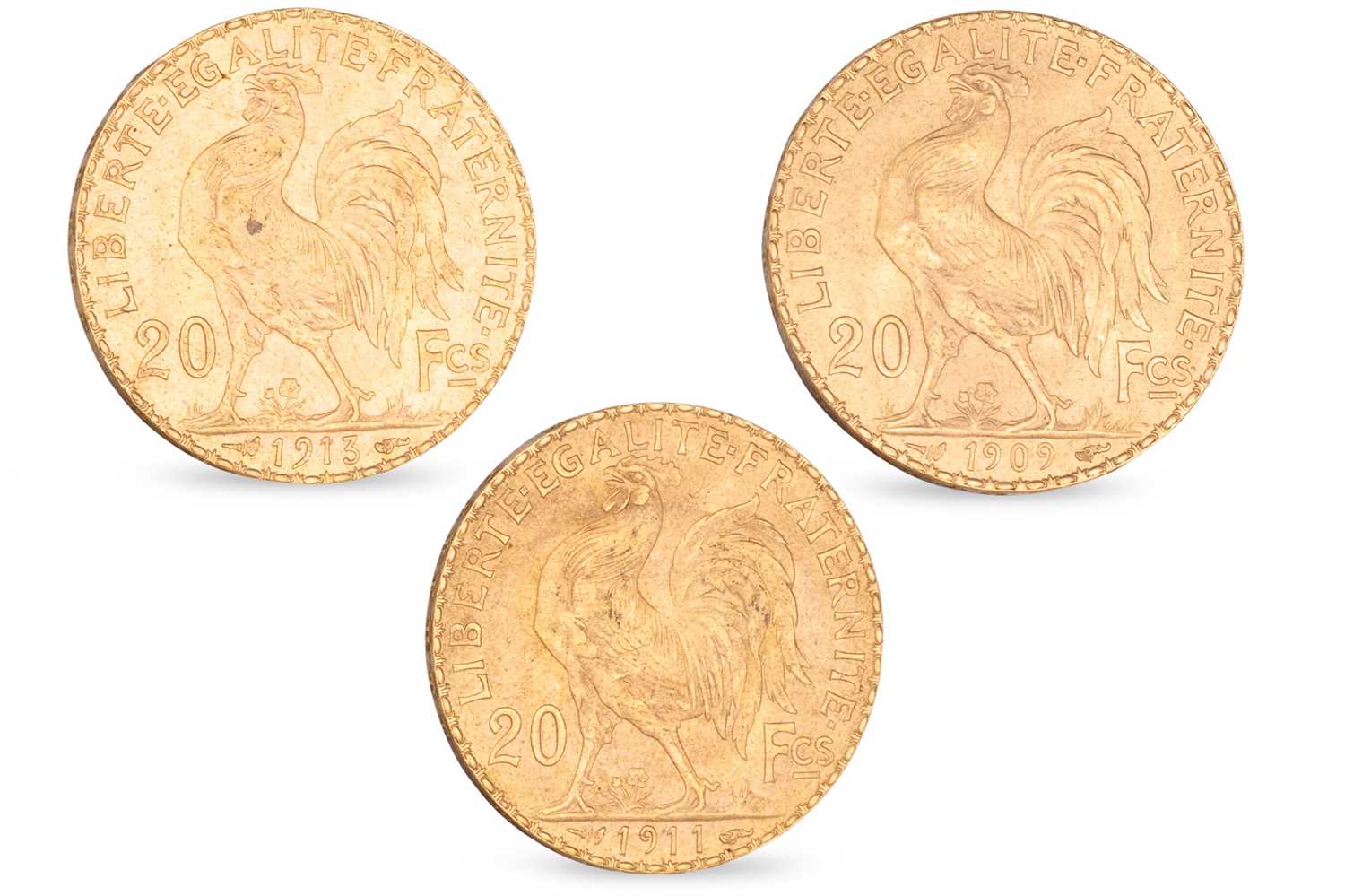 Lot 448 - THREE X FRENCH 20 FRANC GOLD COINS, dated