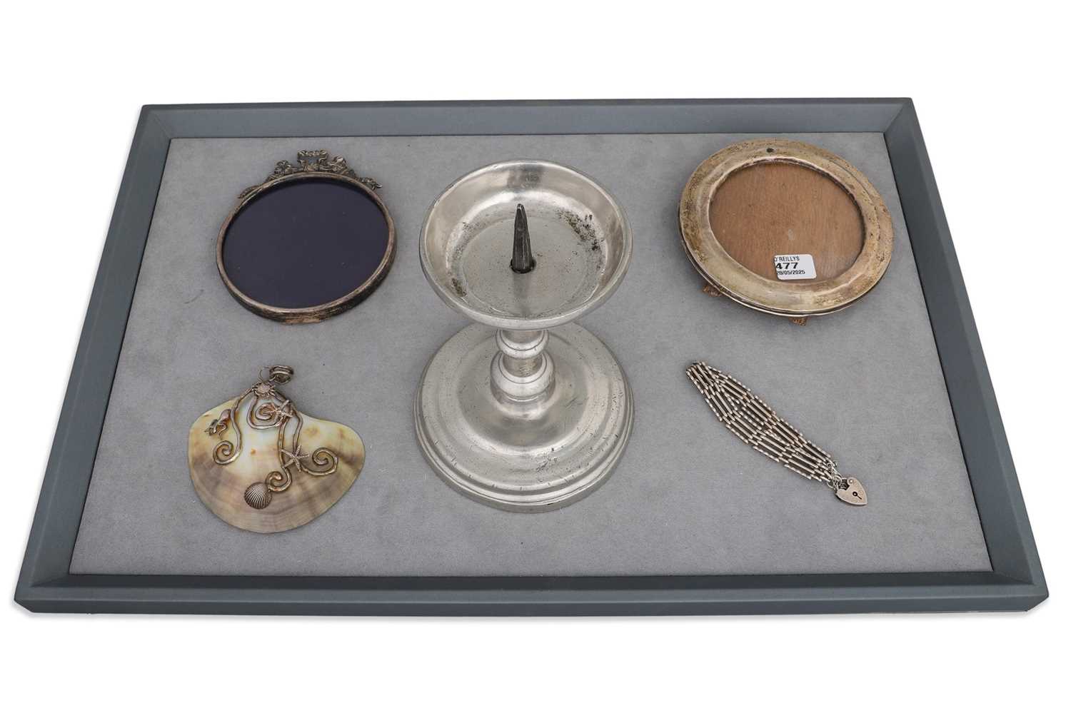 Lot 477 - TWO SILVER PHOTO FRAMES, a silver gate