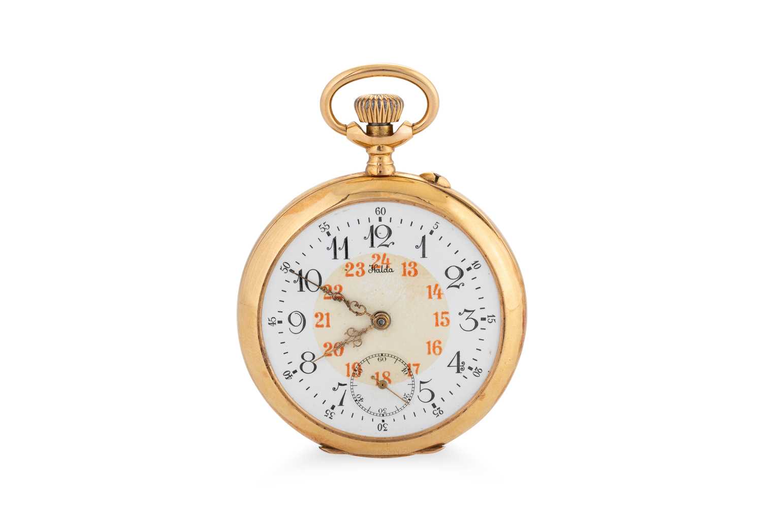 Lot 312 - AN 18CT GOLD CONTINENTAL HALDA POCKET WATCH,