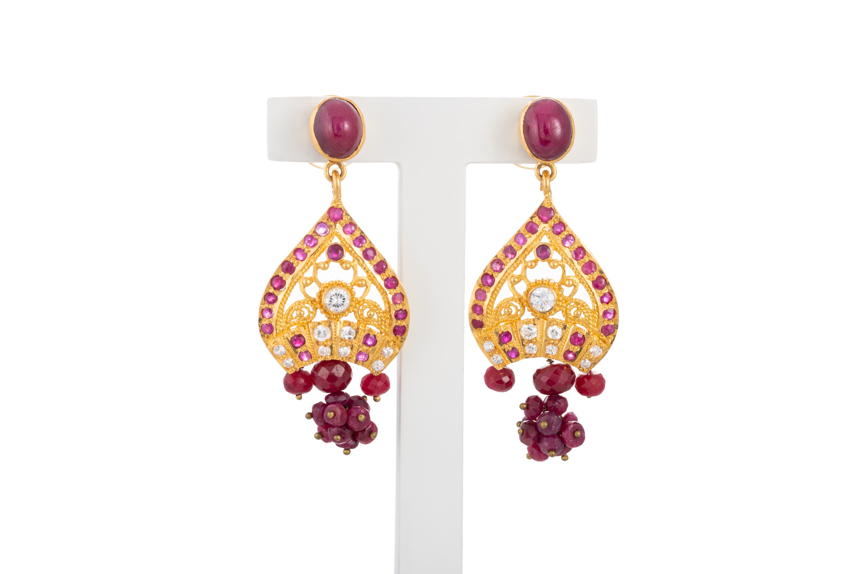 Lot 195 - A PAIR OF GOLD STONE SET EARRINGS, 17.4 g.