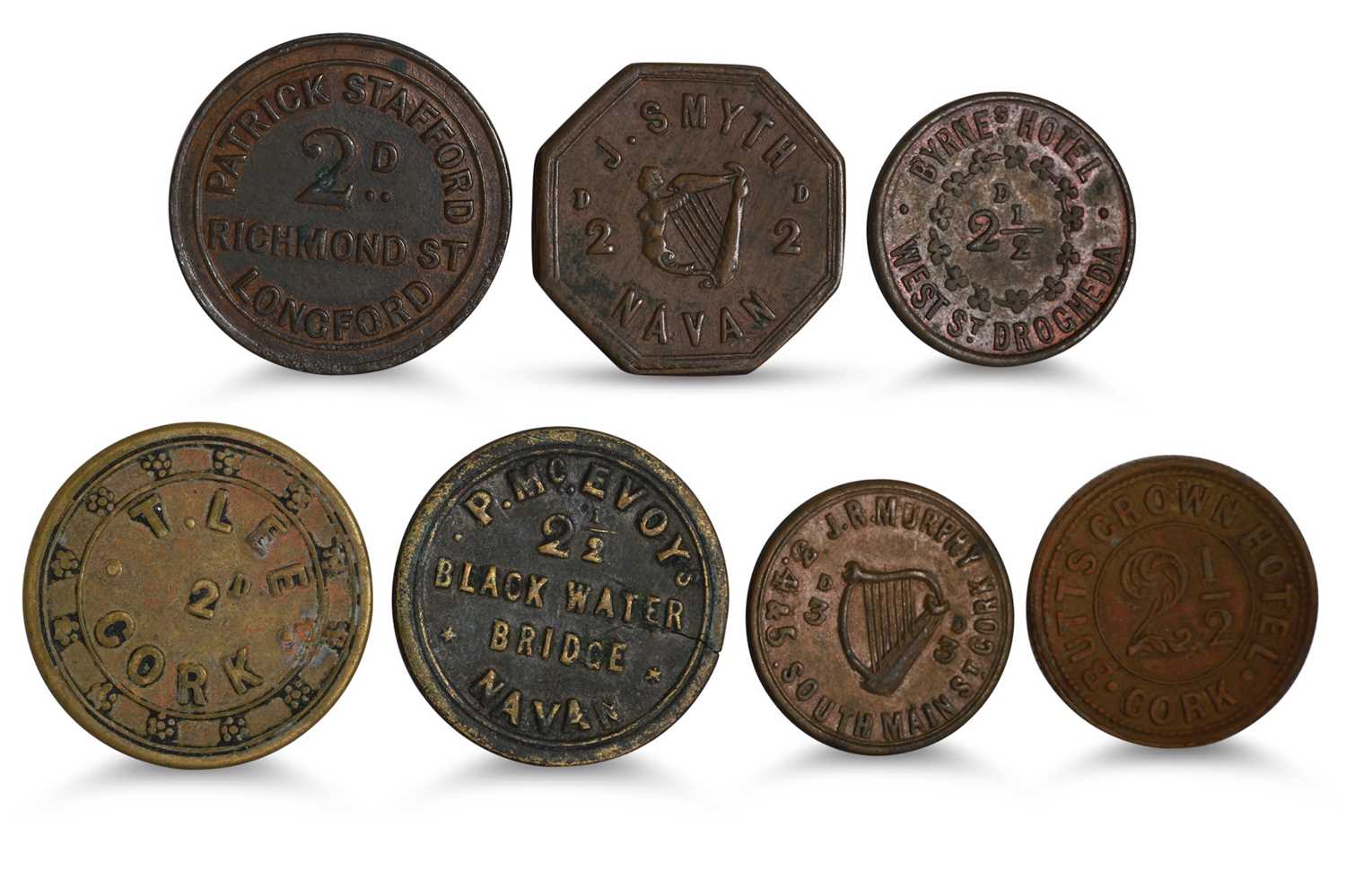 Lot 389 - 1800s 7 X ASSORTED IRISH TOKENS: JR Murphy